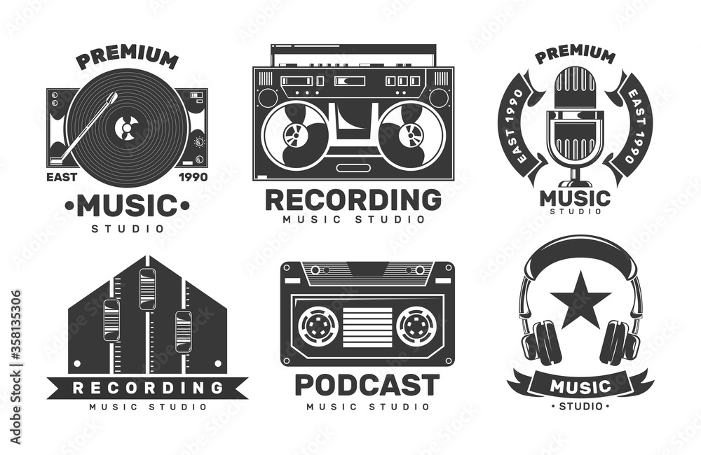 Music studio labels. Invitation retro logos. Disk, microphone ...