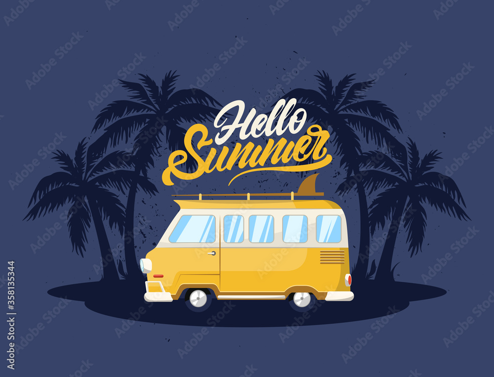 Summer retro van with palm tree and surf. Illustration for t-shirt ...
