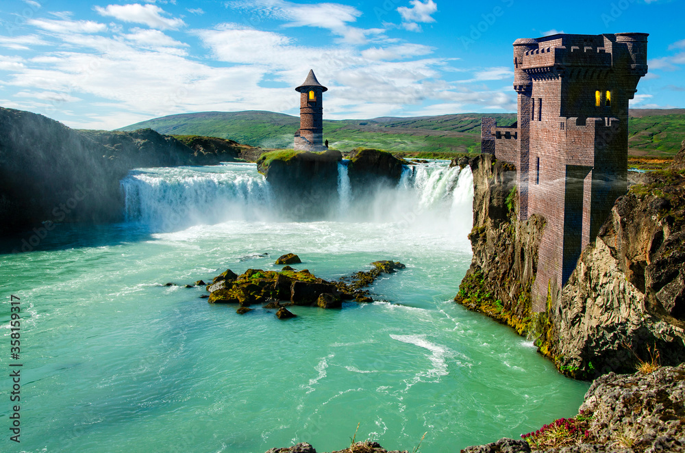 Medieval fantasy world, castle and waterfall on a cliff. Valley with ...