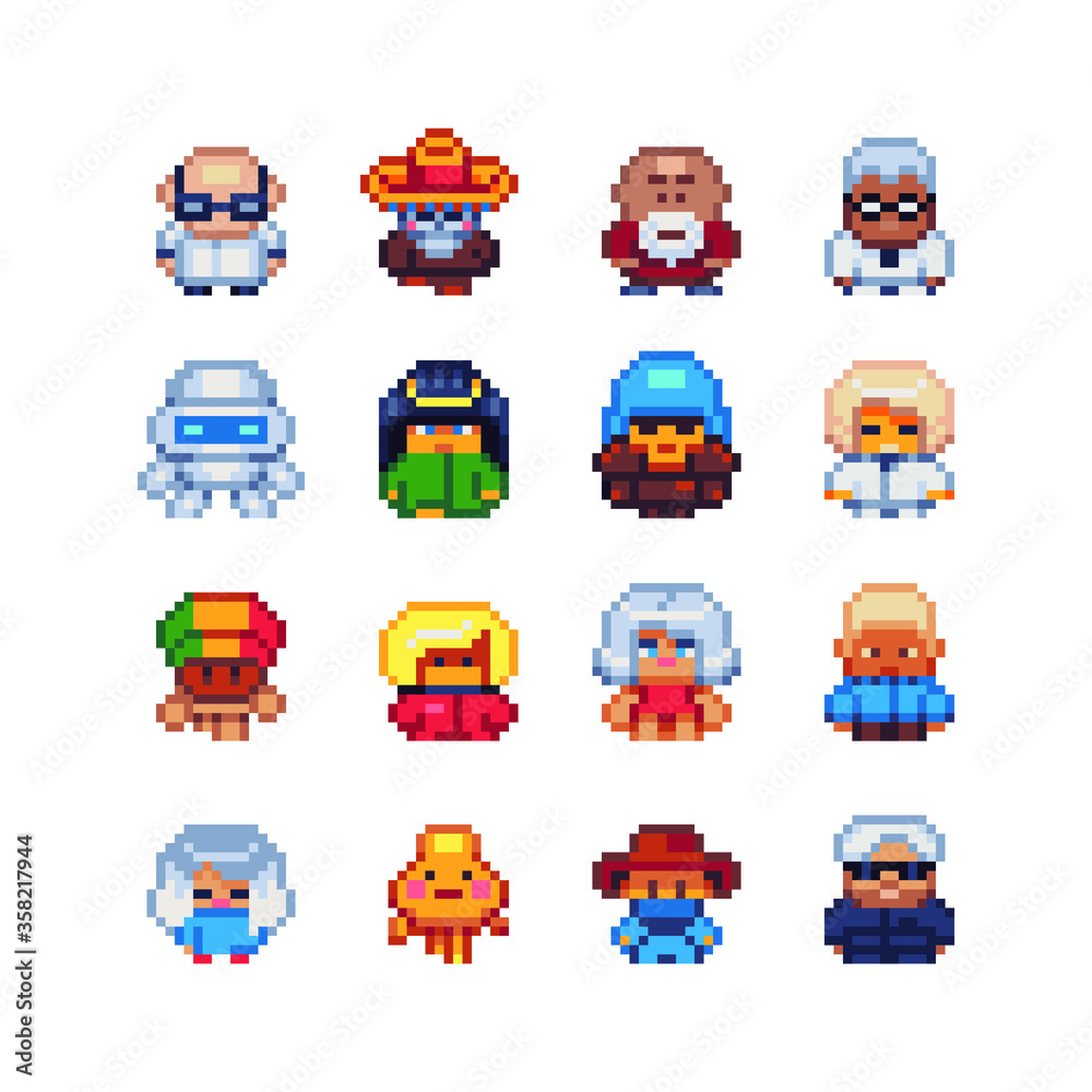Abstract cute people male and female characters pixel art icons set ...