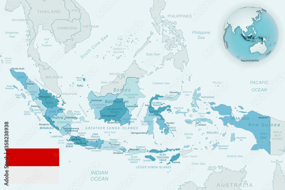 Blue-green detailed map of Indonesia administrative divisions with ...