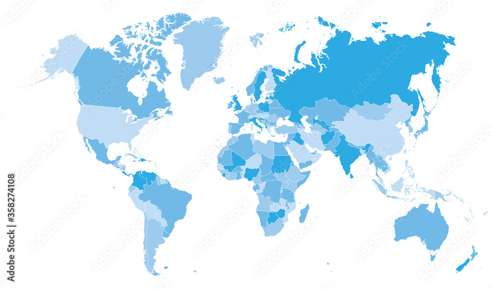 High detail blue political world map with country borders. vector ...