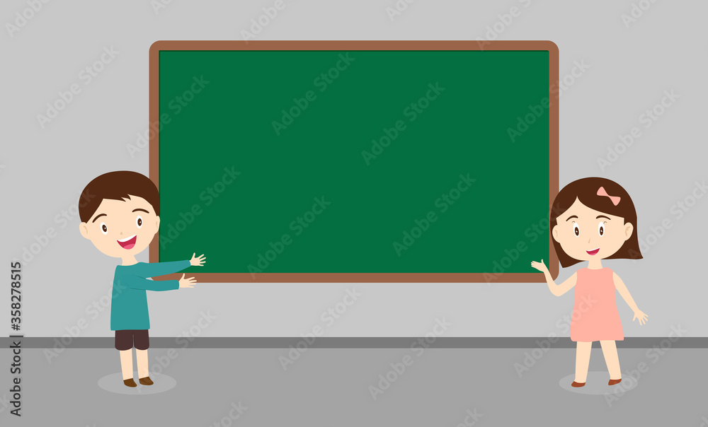 Children standing front blackboard happy back to school. Kids , girl ...
