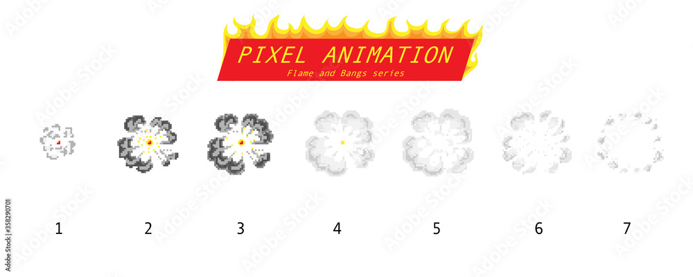 Pixel art 8 bit fire objects. Game icons set. Comic boom flame effects ...
