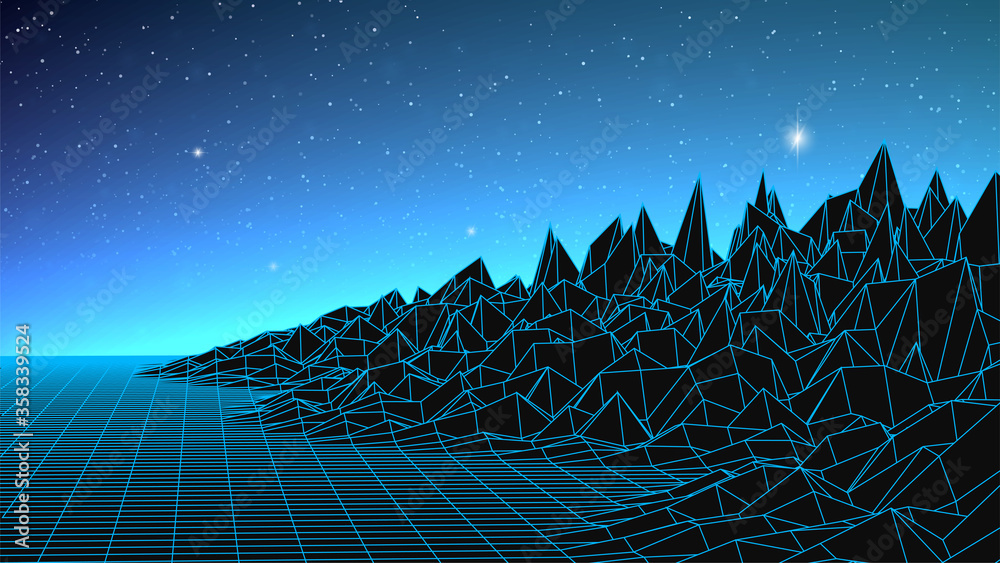 Synthwave background. Dark Retro Futuristic backdrop with blue wireframe landscape and sky full ...