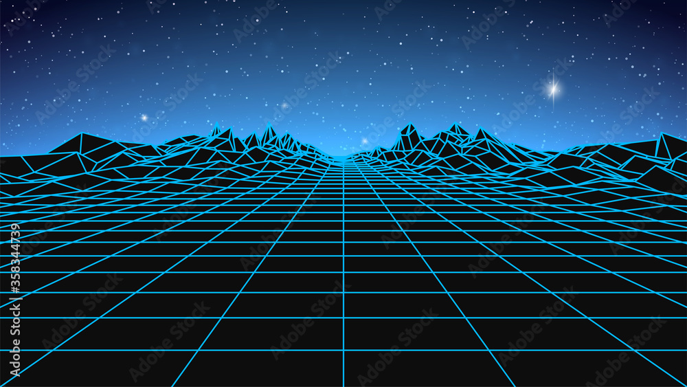 Synthwave background. Dark Retro Futuristic backdrop with blue wireframe landscape and sky full ...