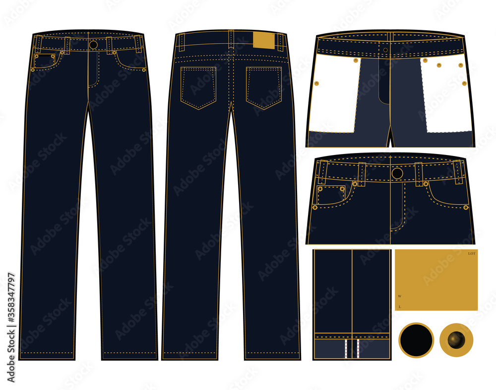 Pants jeans selvedge denim front back garment vector illustration flat ...