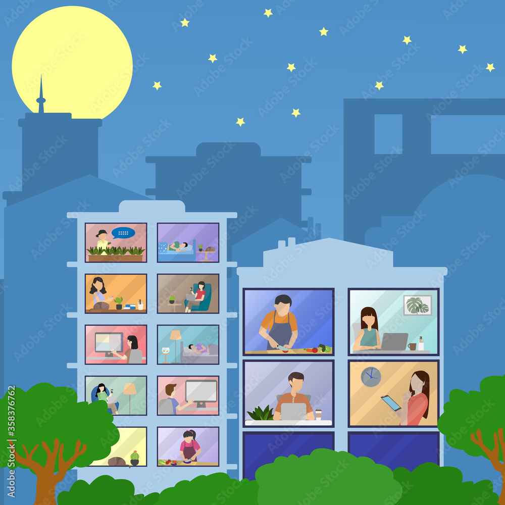 New normal concept. Routine activities of people while night during ...