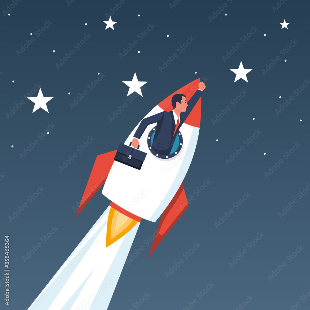 Businessman on a rocket. A successful person strive for a goal. Startup ...