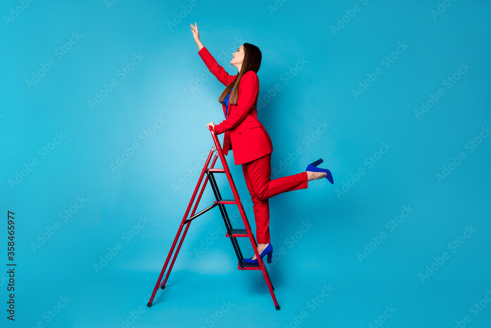 Full length profile photo of professional fancy lady worker come up ...