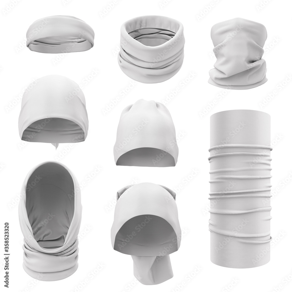 Set of white buffs on the face, neck, on the head, on the forehead. How ...