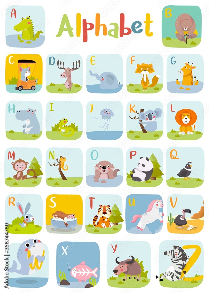 Animal alphabet graphic A to Z. Cute vector Zoo alphabet with animals ...