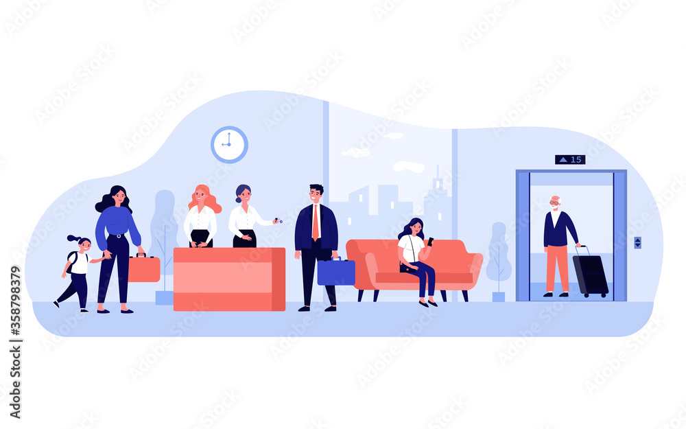 Tourists in hotel lobby. Business people standing at reception desk of ...