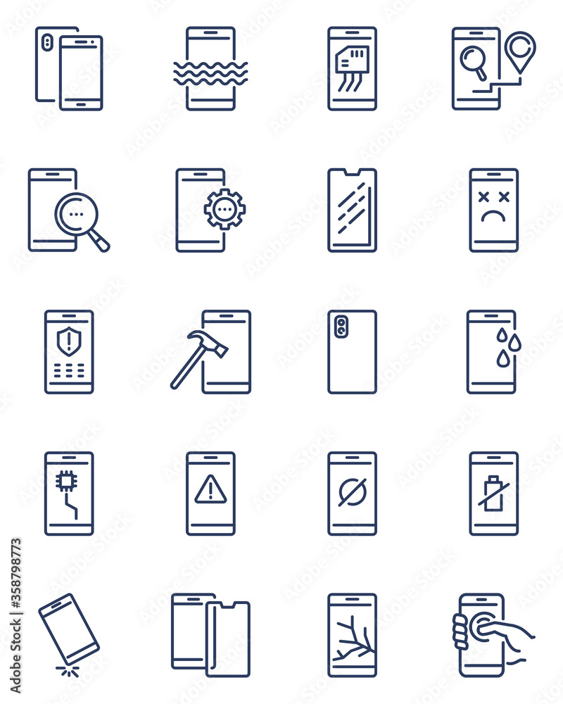 Mobile phone repair icons. Smartphone falling down, scratches on screen ...