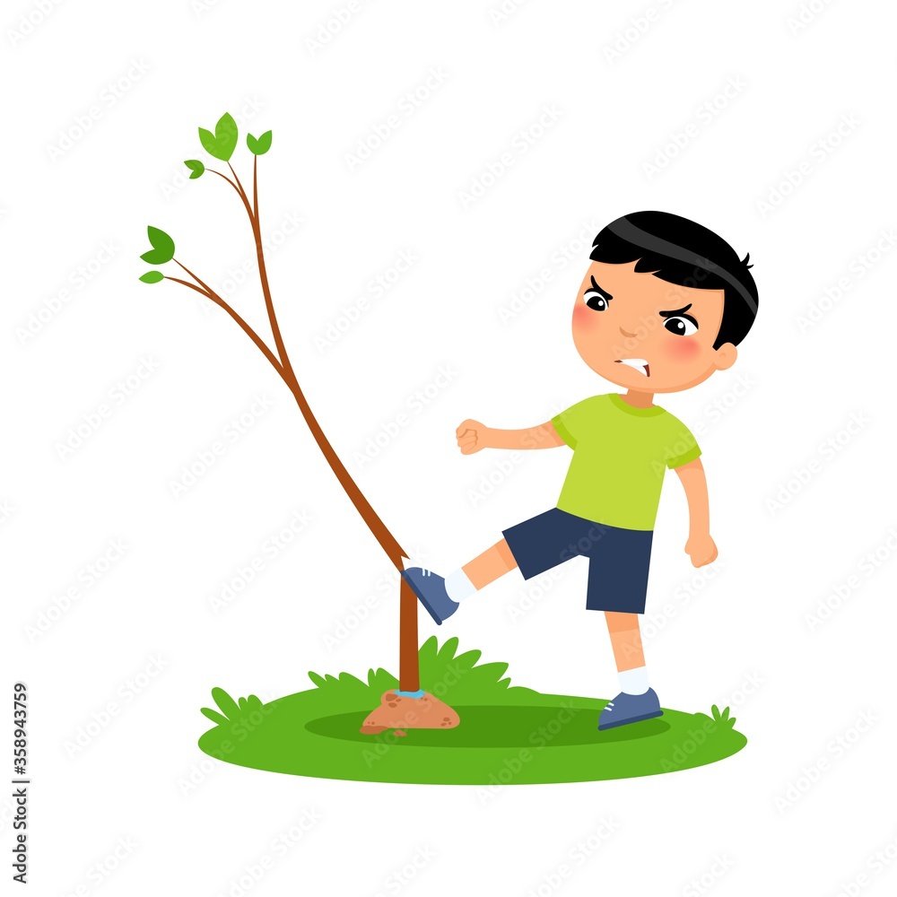 Aggressive boy breaking young tree flat vector illustration. Furious ...