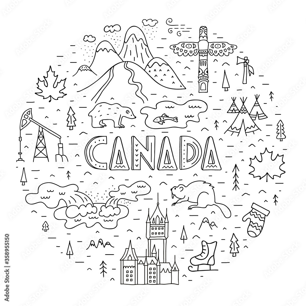 Canada, travel, map, frame, outline, doodle, hand drawn, tourist ...
