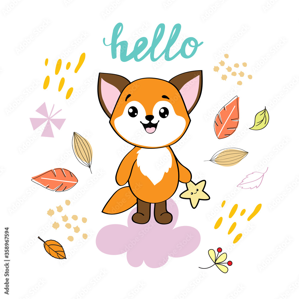Cute fox in kawaii style with autumn leaves and the inscription hello ...
