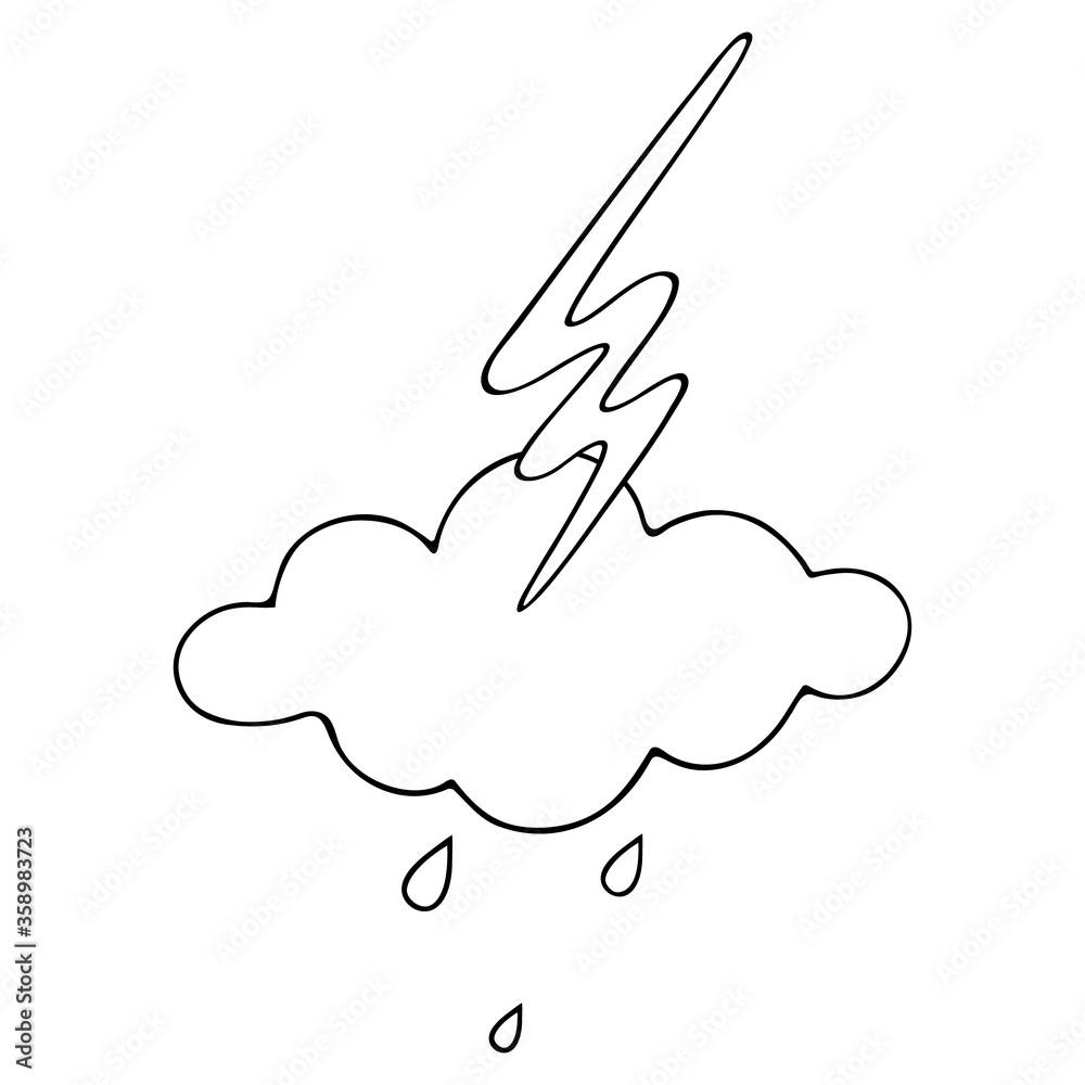 Lightning, cloud and raindrops. Vector illustration. Storm. Outline on ...