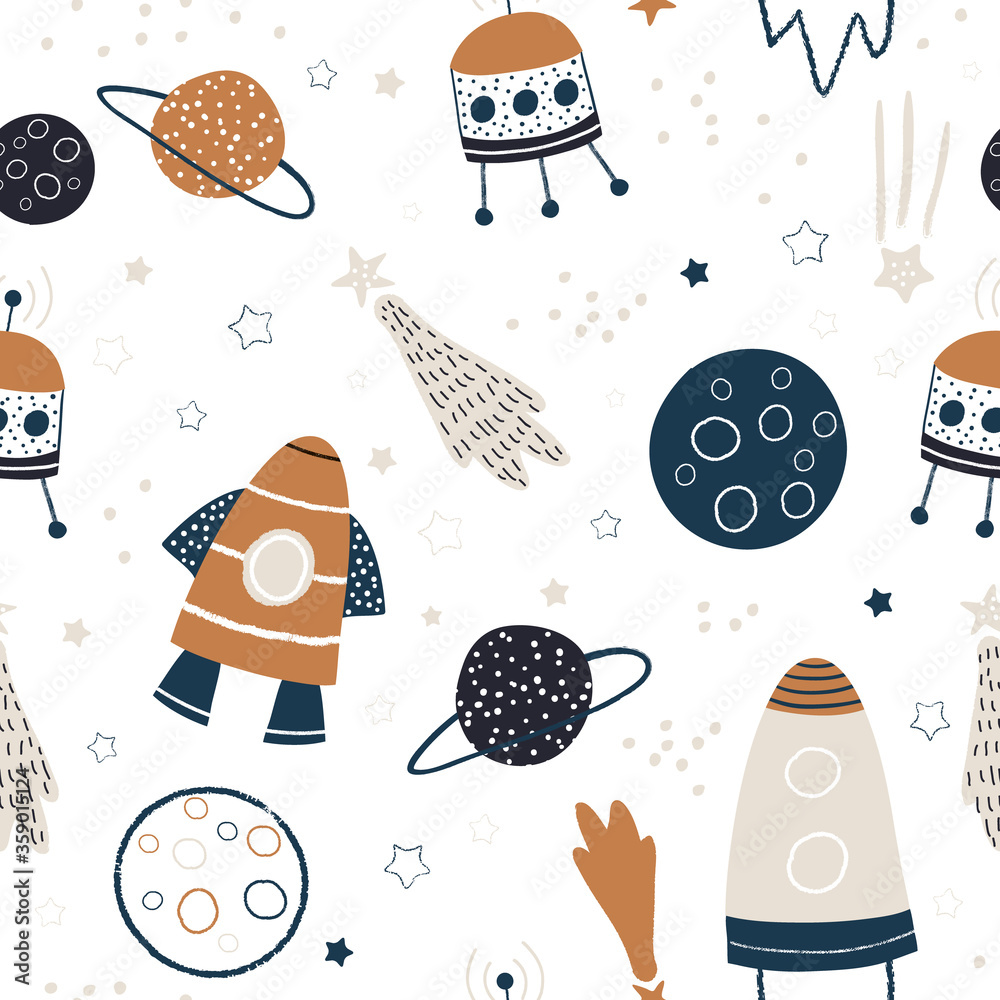 Childish seamless pattern with hand drawn space elements space, rocket ...