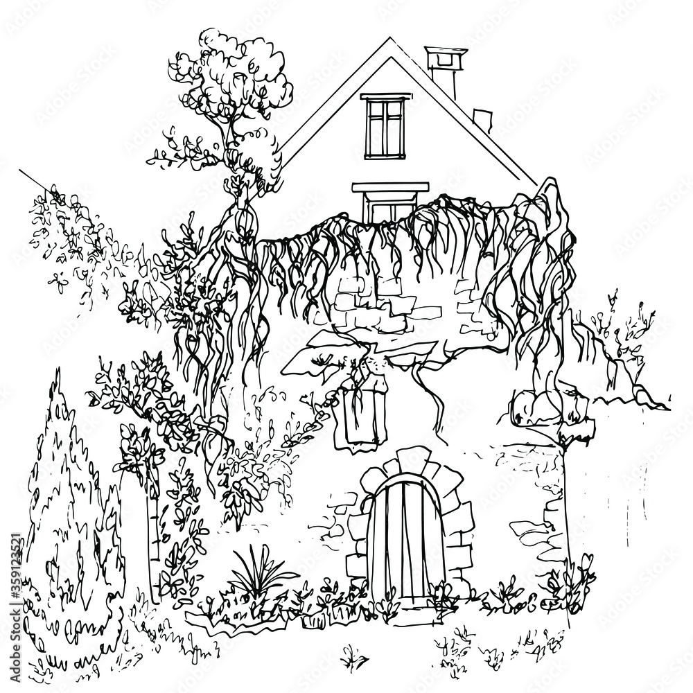 French architecture. Linear sketch of old house covered with greenery ...