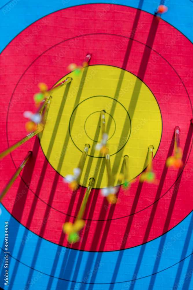 Olympic archery arrows and their shades in an archery paper target ...