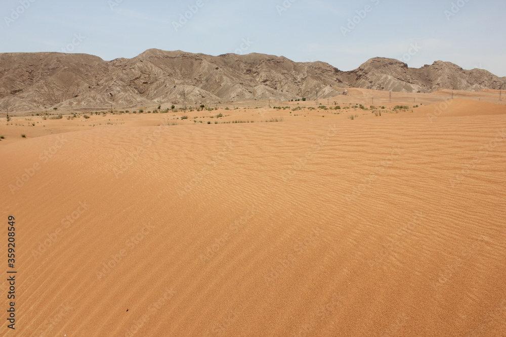 Hot and arid desert sand dunes terrain in Sharjah emirate in the United ...