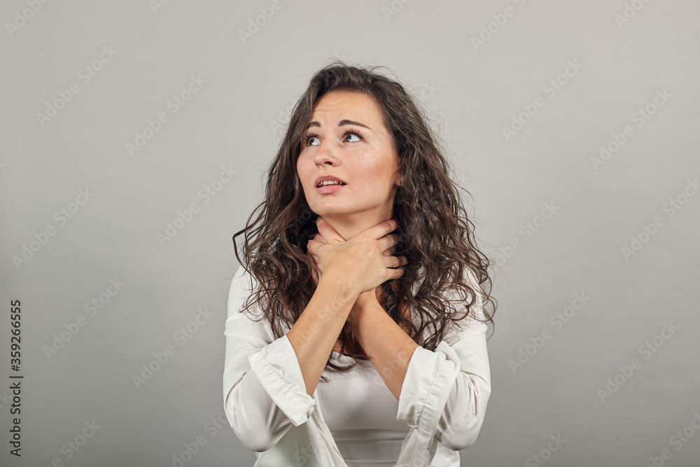 Foto de Stock Hands around throat, screaming, panicking in trouble as ...