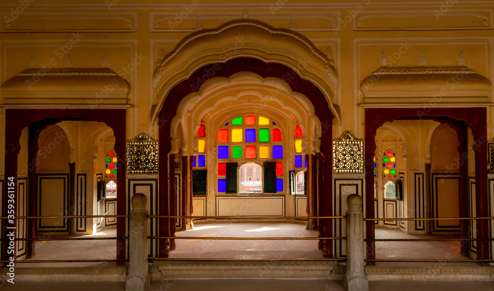 Jaipur, Rajasthan, India; Feb, 2020 : colourful tinted glass design ...