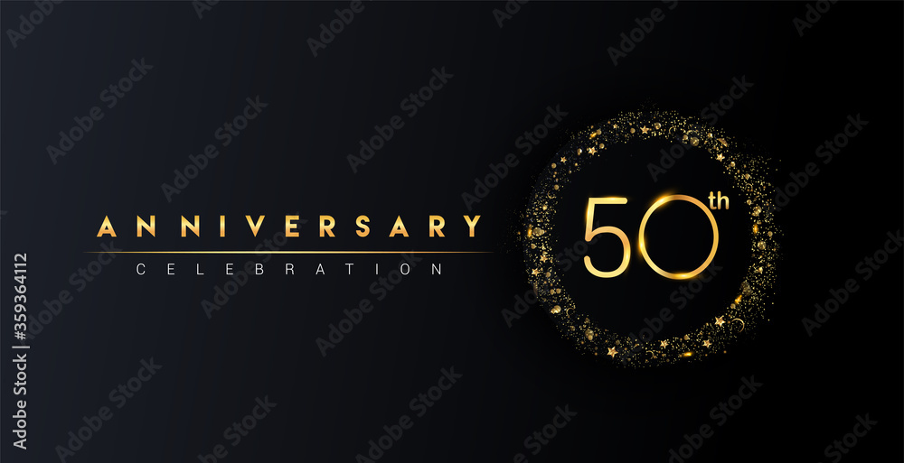 50th anniversary logo with confetti and golden glitter ring isolated on ...