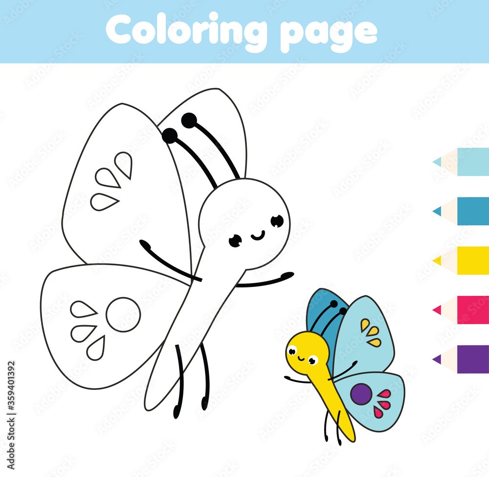 Coloring page with cartoon butterfly. Drawing kids activity. Printable ...
