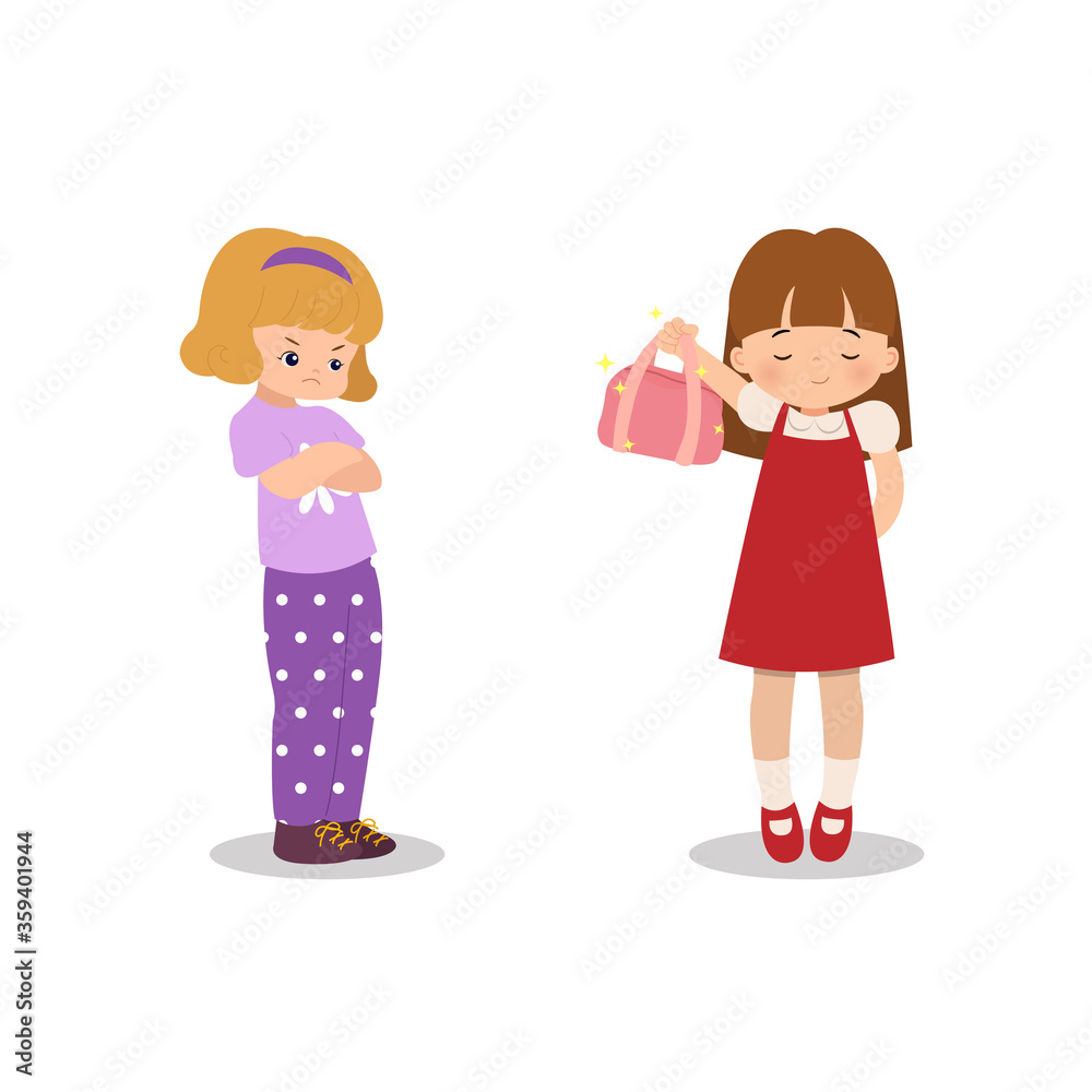 A kid showing off her new bag to her friend. Girl feeling envious and ...