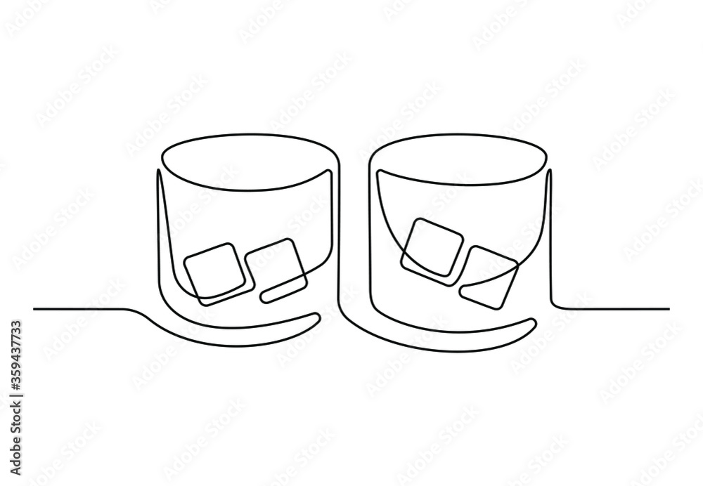 Whiskey in glass with ice cubes continuous one line drawing minimalist ...