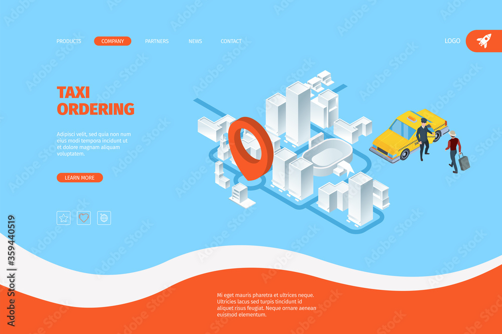 Taxi landing. Advertizing business web page with route map and yellow ...