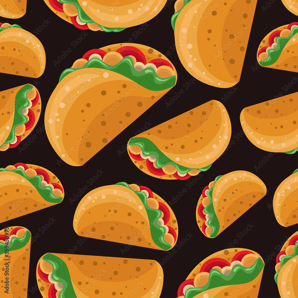 Taco. Seamless background with randomly arranged tacos on a dark brown ...