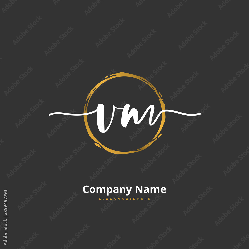 V M VM Initial handwriting and signature logo design with circle ...