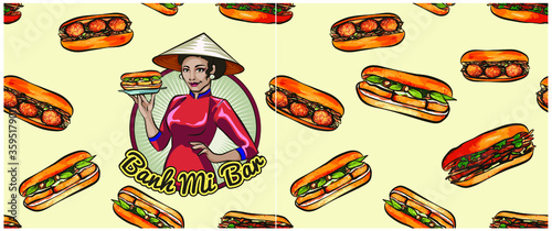 Takeaway banh mi seamless pattern background. Vietnamese style of ...