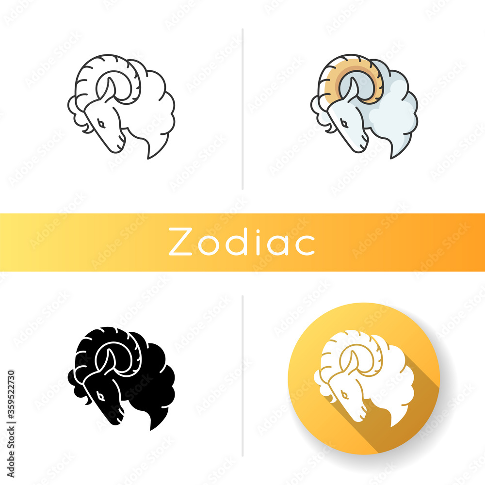 Aries zodiac sign icon. Horoscope ram. Linear black and RGB color ...