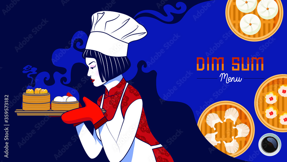 Stock-Vektorgrafik „Vector of portrait Chinese woman chef serving ...