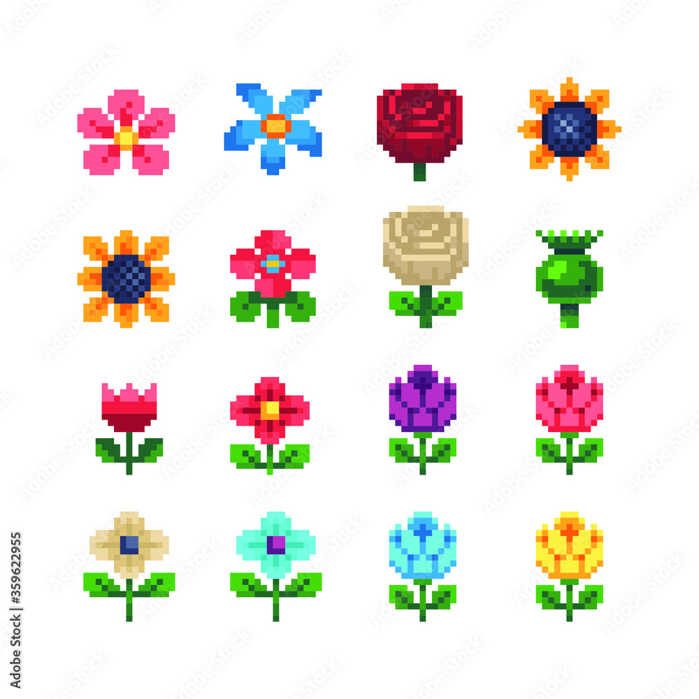 Flowers pixel art icons set, sunflower, plumeria and hawaiian flower ...