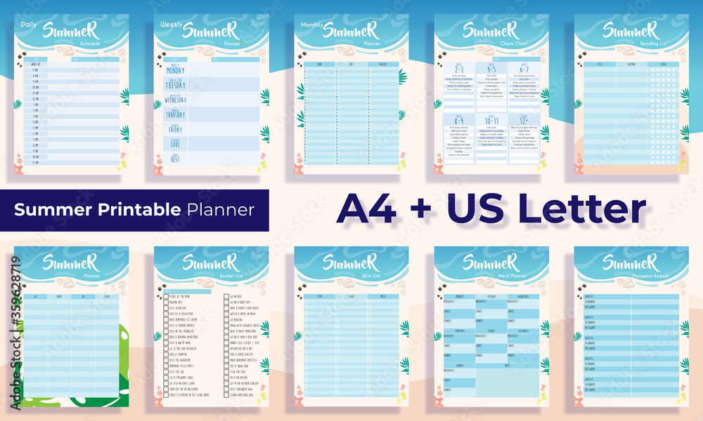 Minimalist blue ocean summer planner pages templates collection set of ...