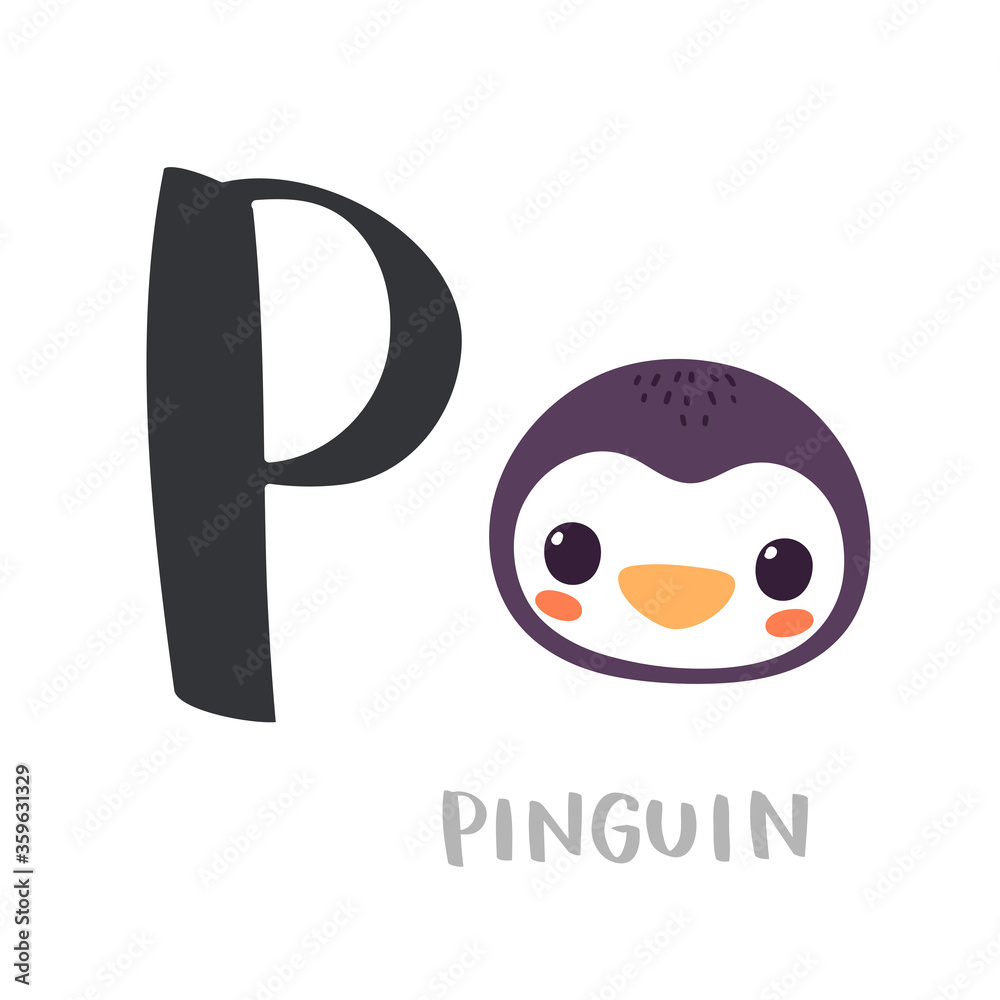 Cute children alphabet. Zoo ABC with animal face. Cartoon penguin head ...