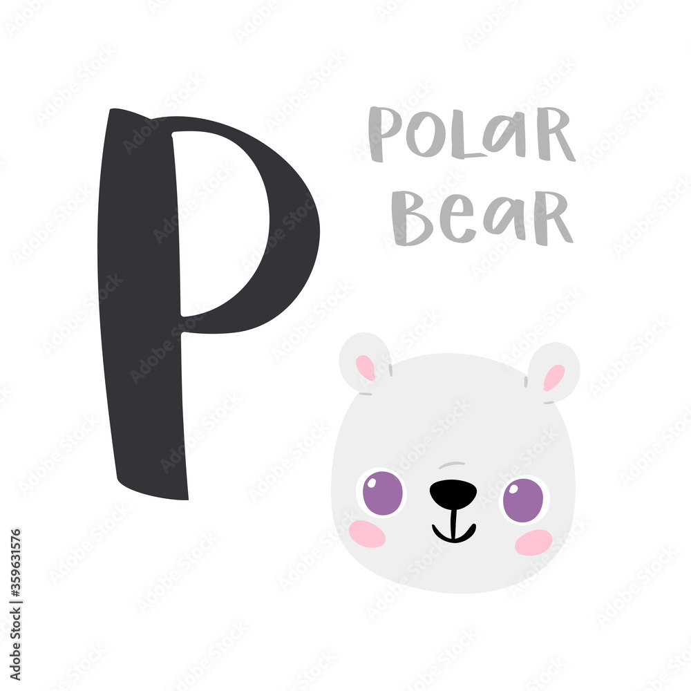 Cute children alphabet. Zoo ABC with animal face. Cartoon polar bear ...