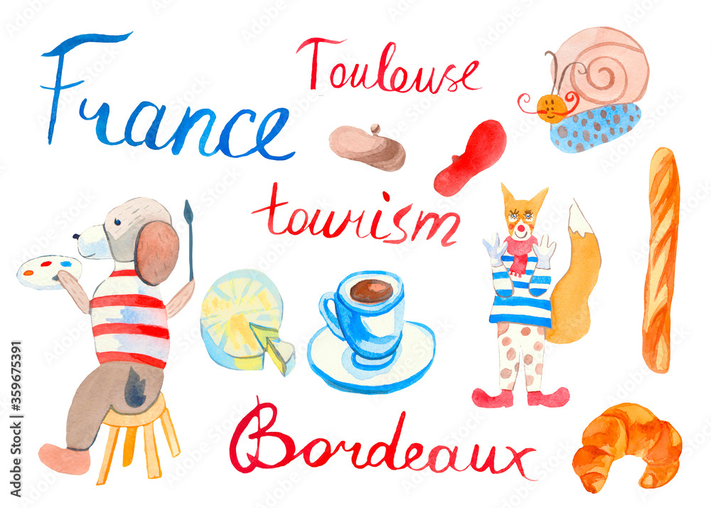 Illustration Stock Big watercolor set of French travel elements with ...