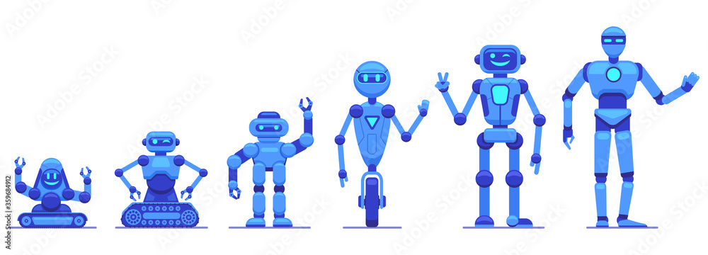 Robots evolution. Robotics technology progress, futuristic mechanical ...