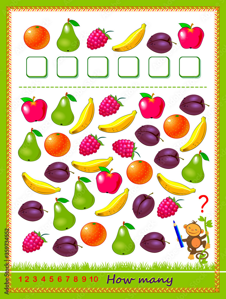 Math education for children. Count quantity of fruits and write numbers ...