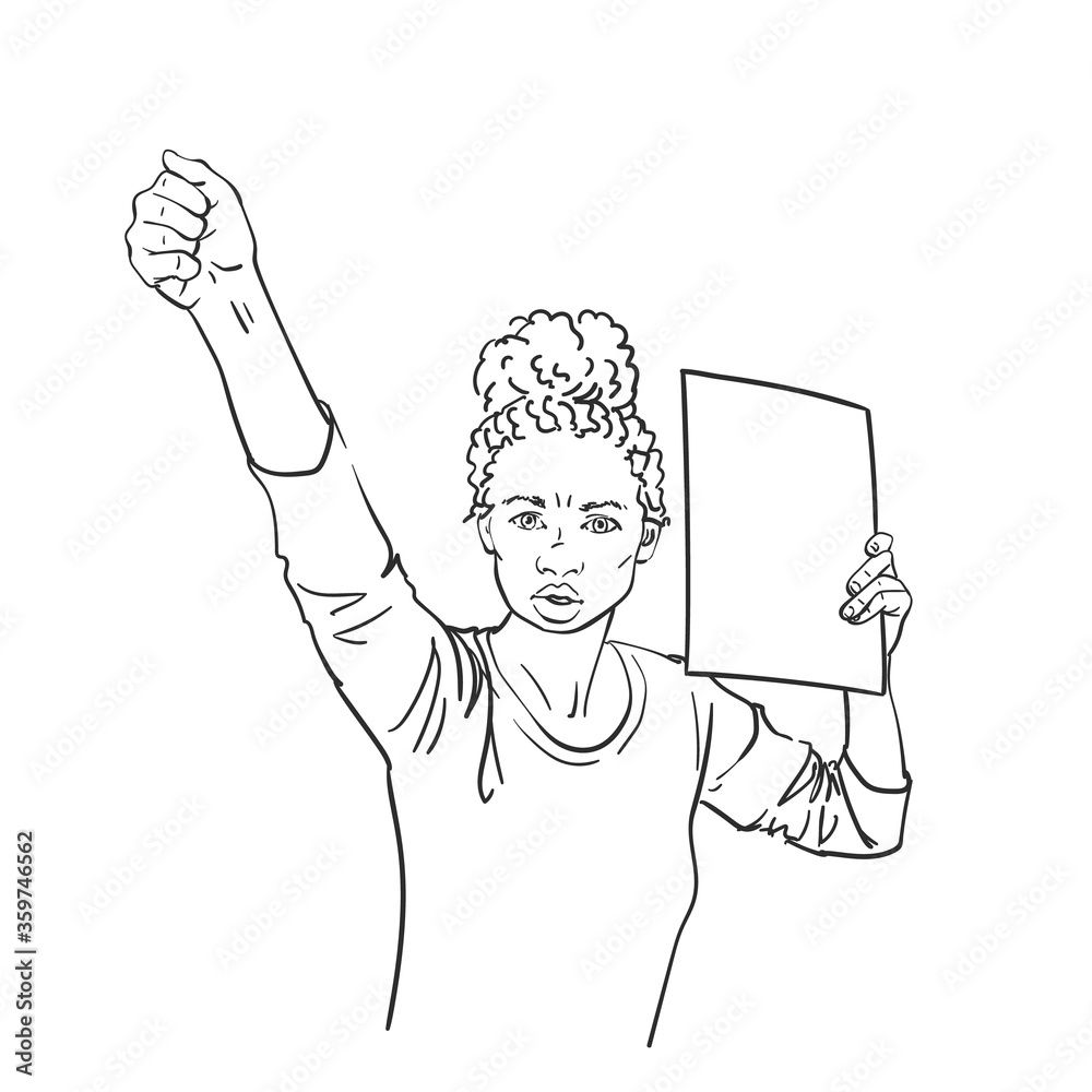 Protest. African american woman with empty sign board showing fist ...