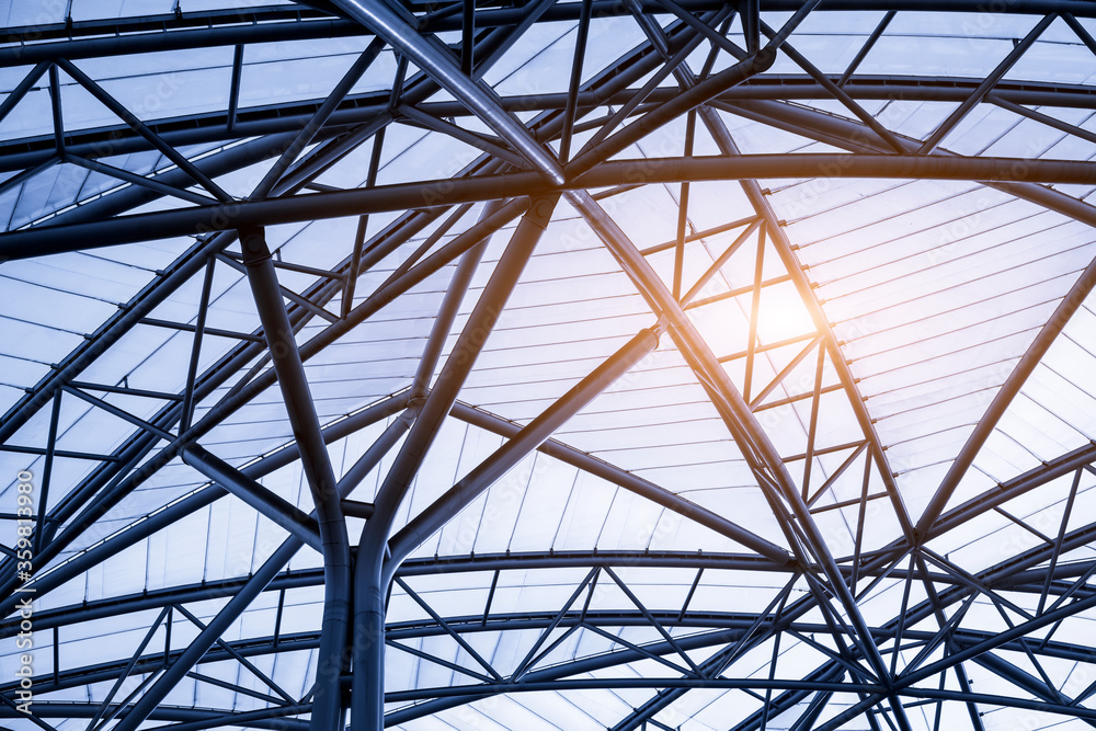 Structure of steel roof frame for building construction on sky ...