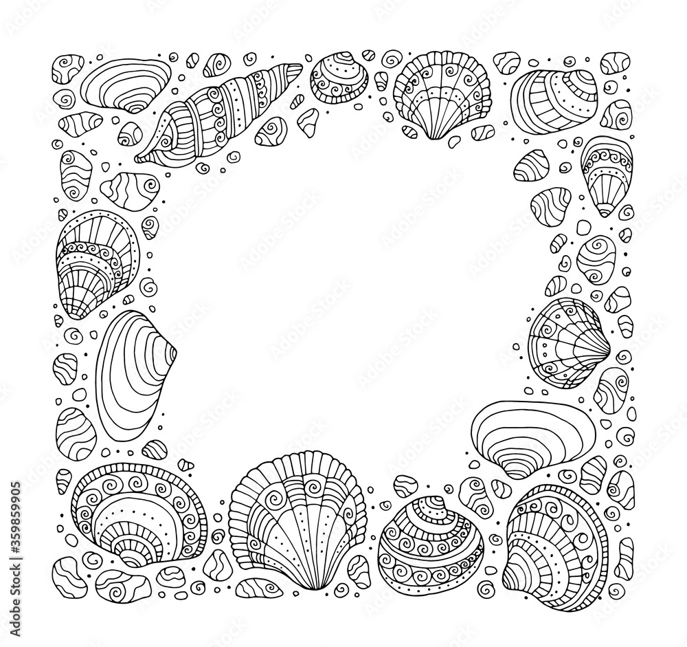 Seashell border frame. Vector illustration. Zentangle. Coloring book ...