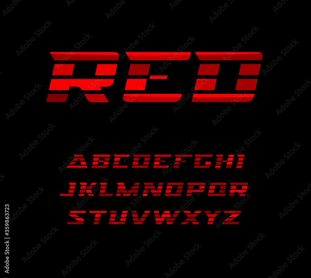 Red sports font. Wide letters with dynamical horizontal stripes. Vector ...