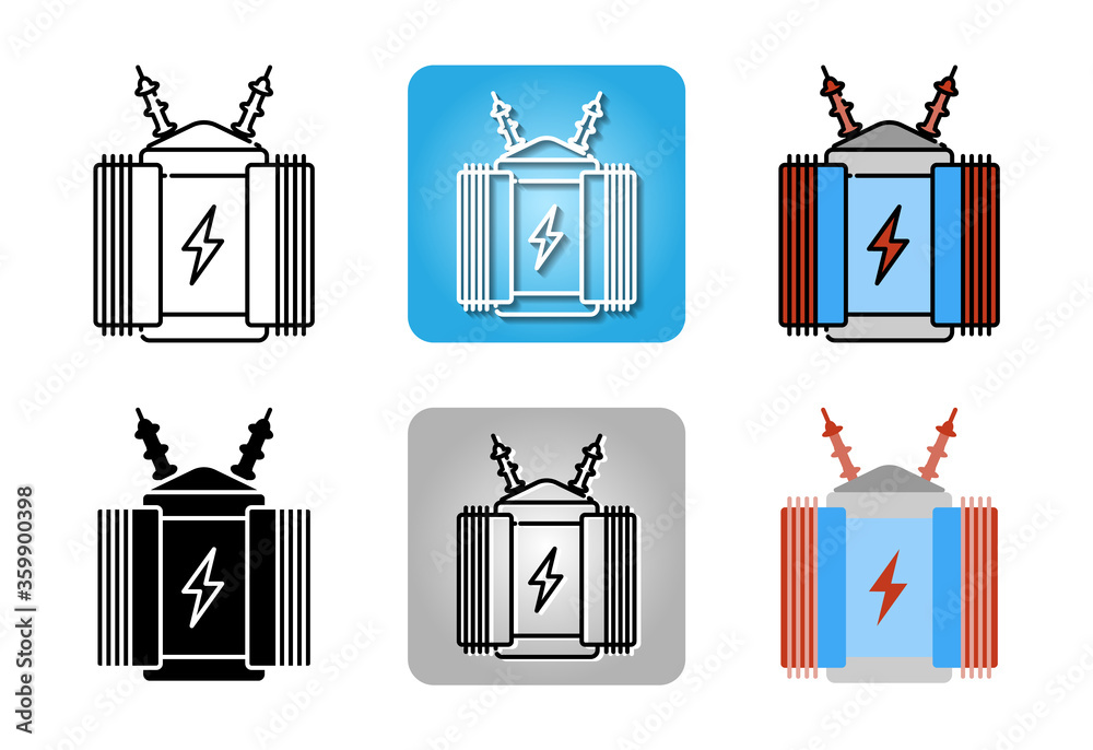 High voltage electrical transformer icon set isolated on white ...